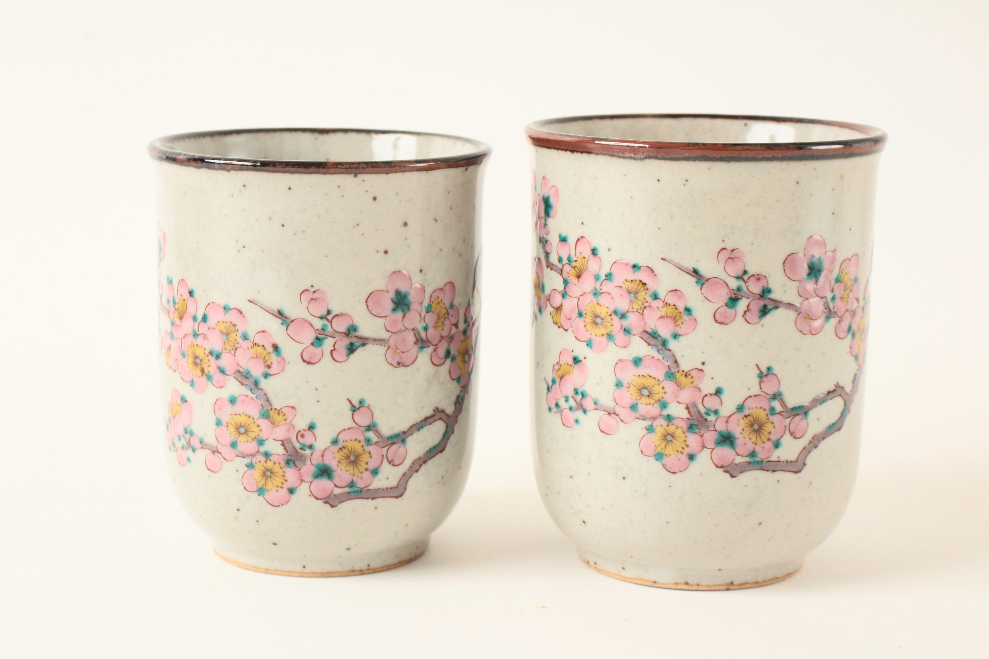 Kutani ware Japanese Ceramic Pair Yunomi Chawan Tea Cup Plum Flowers a